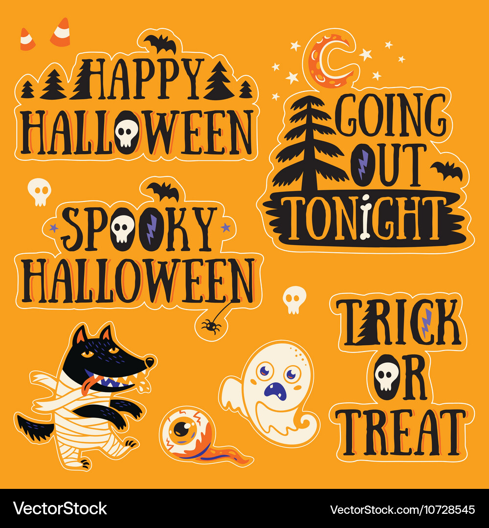 Sticker set with cartoon characters and text for Vector Image