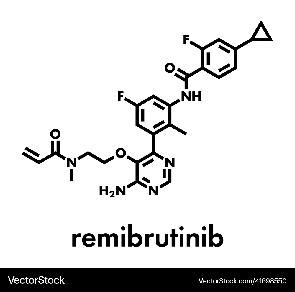 Remibrutinib drug molecule skeletal formula Vector Image