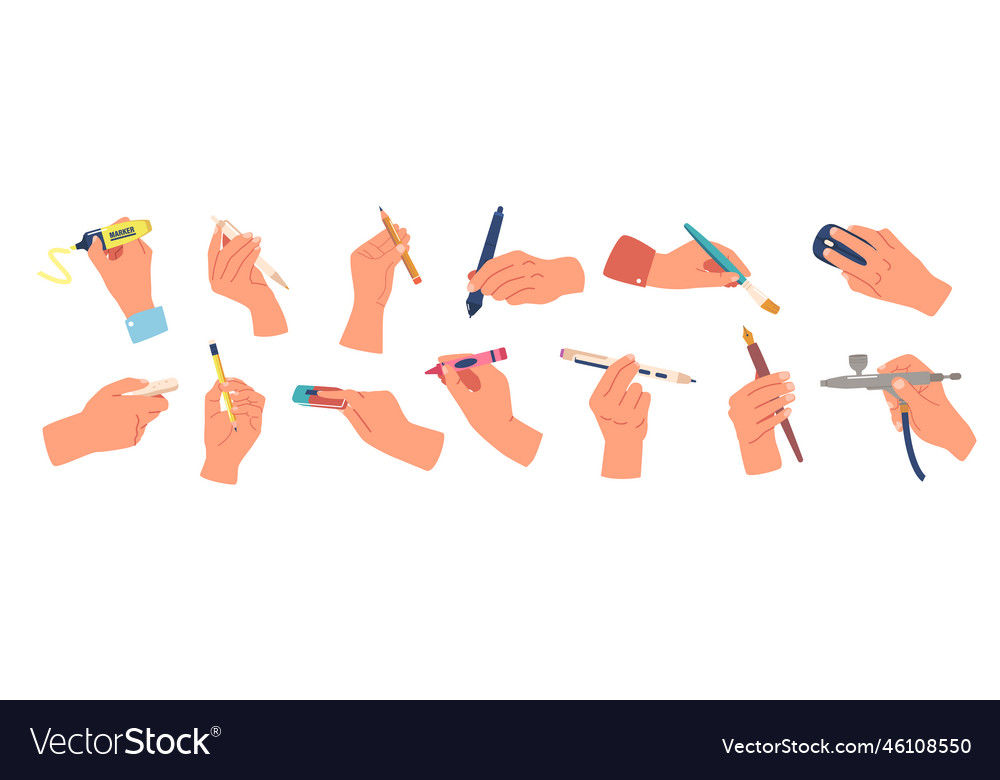 Set of human hands holding various writing tools Vector Image Set of human hands holding various writing tools Vector Image