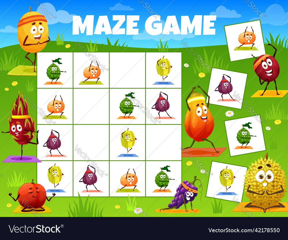 Sudoku kids game worksheet cartoon fruits on yoga Vector Image