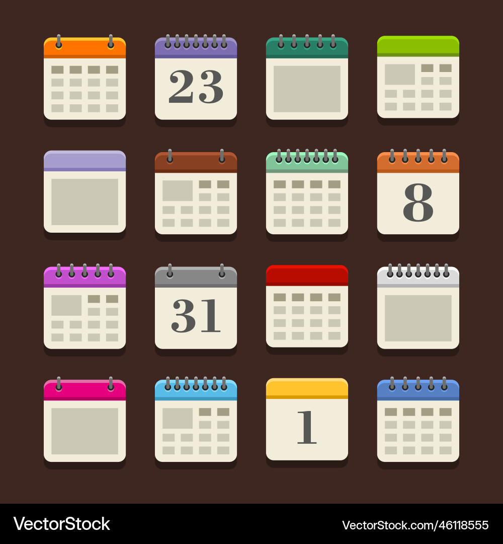 Calendar icon flat style color set Royalty Free Vector Image