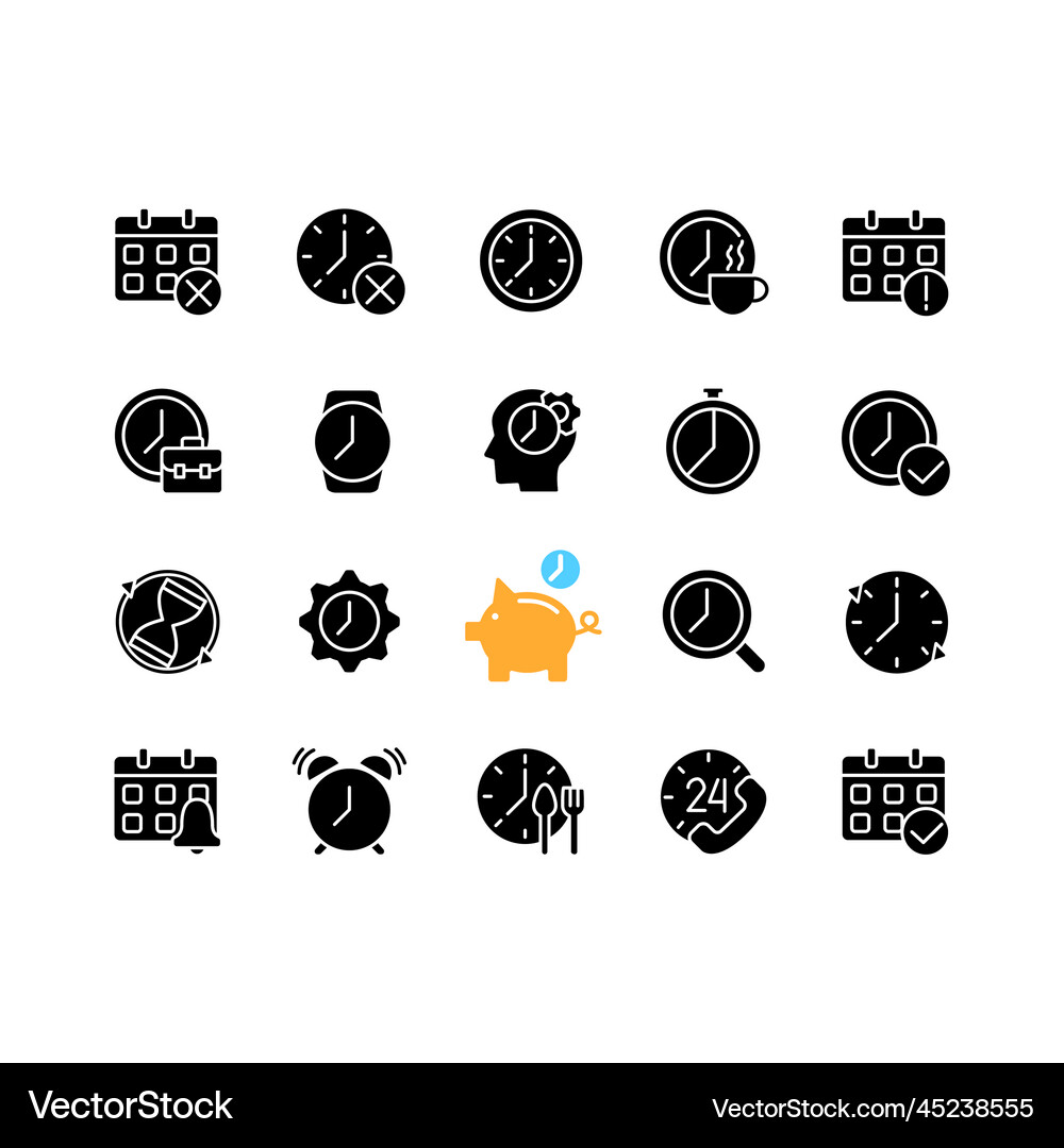 Time and clock black glyph icons set on white Vector Image