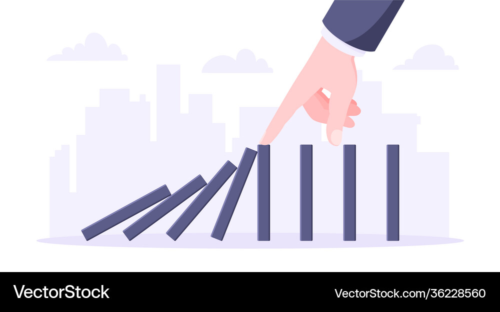 Domino effect business concept hand stops chain Vector Image