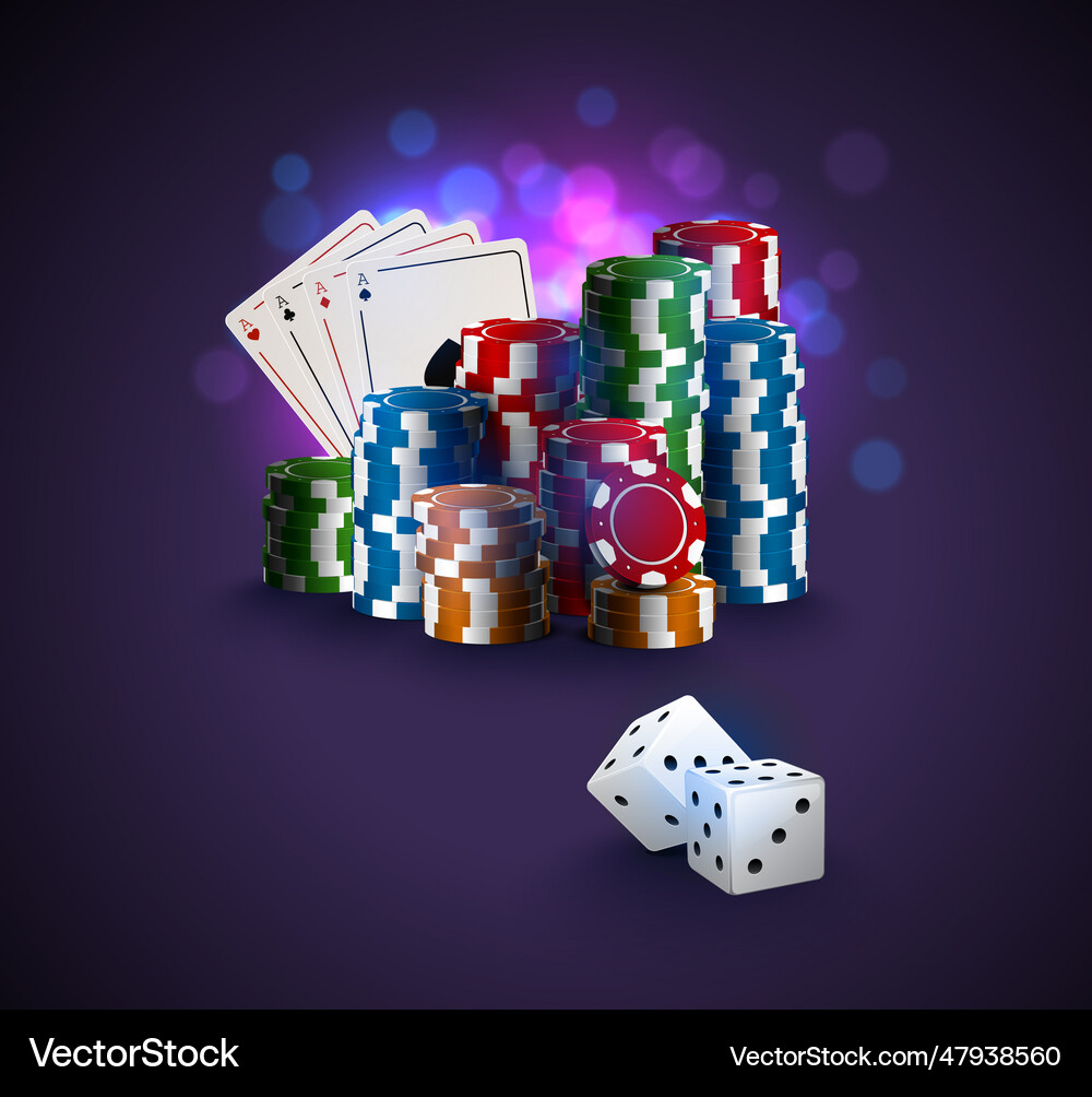 Poker stack of chips ace cards on bokeh Royalty Free Vector