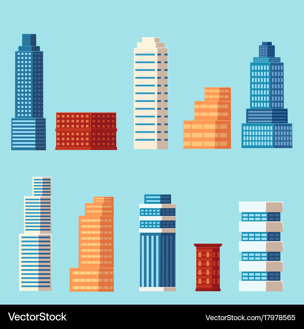 Flat cartoon building skyscrapers set Royalty Free Vector