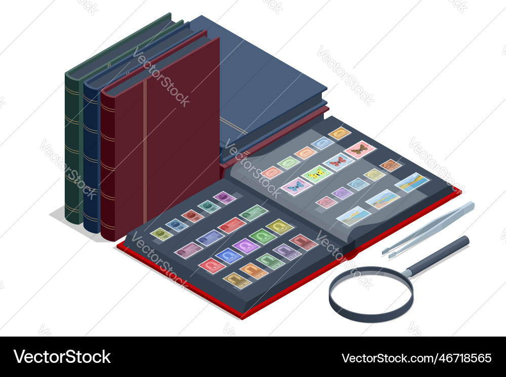 Isometric stamp collecting concept old vintage Vector Image