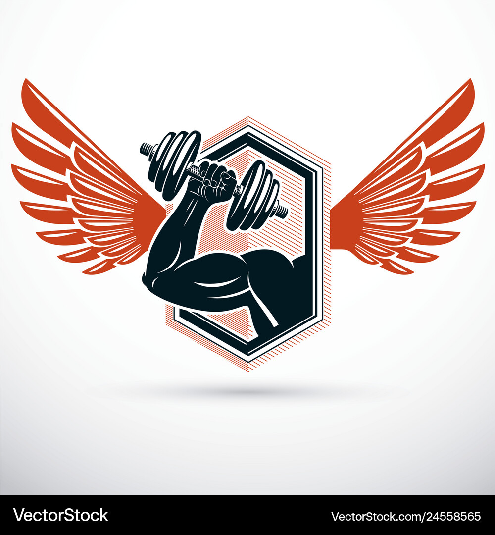 Winged bodybuilder muscular arm holding dumbbell Vector Image
