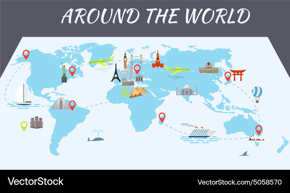Famous world landmarks icons on map Royalty Free Vector