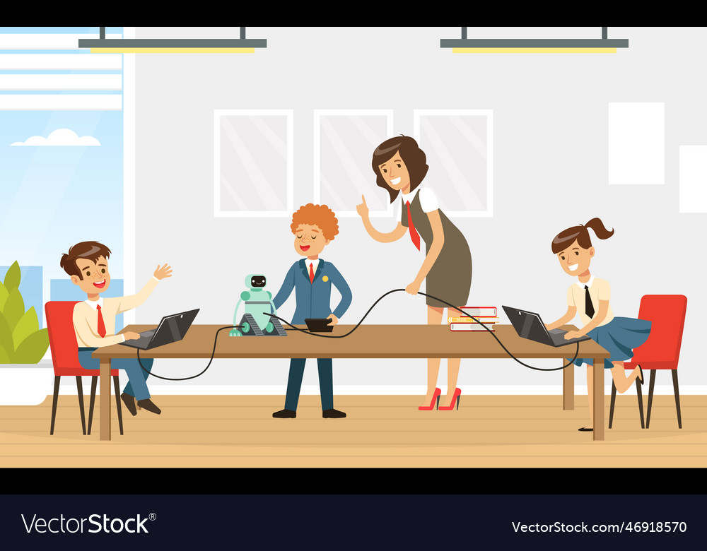 School children at informatics or programming Vector Image