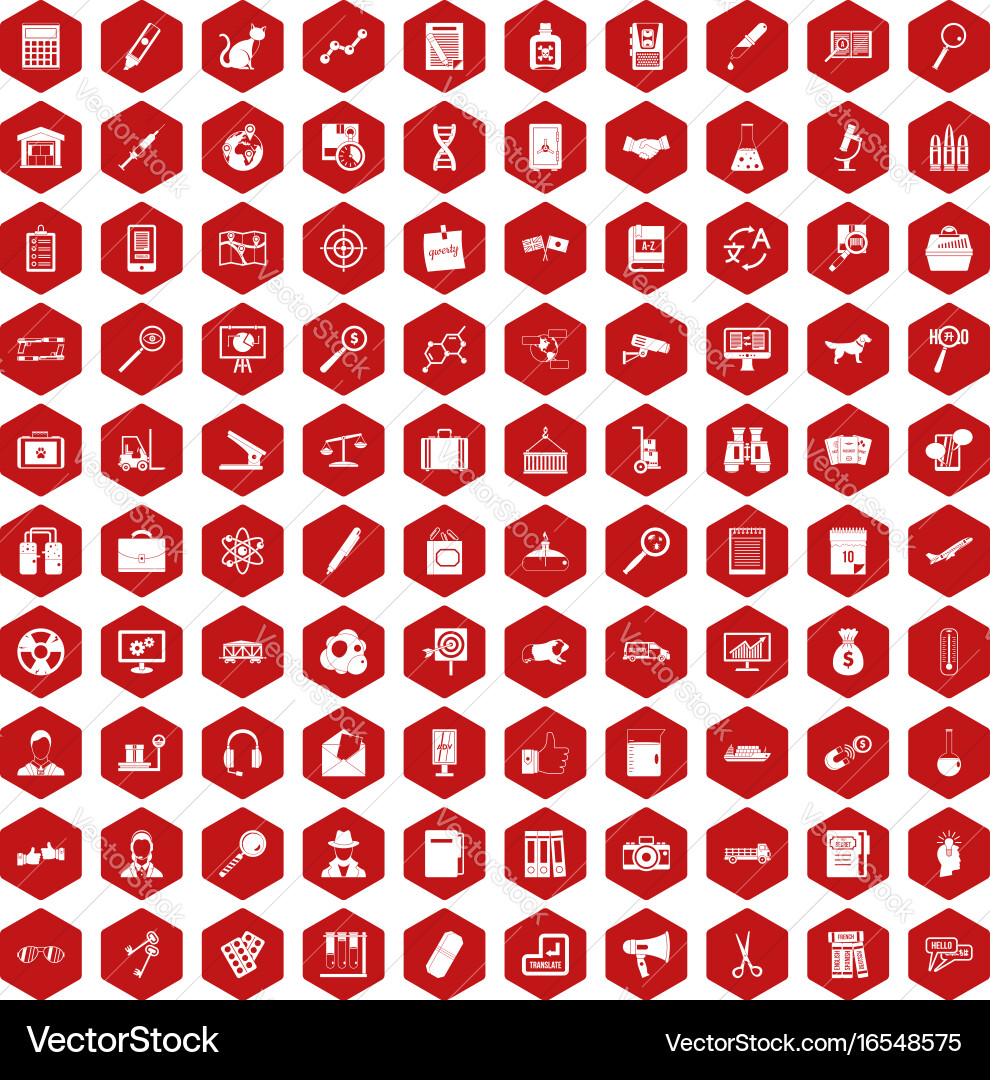 100 magnifier icons hexagon red Royalty Free Vector Image