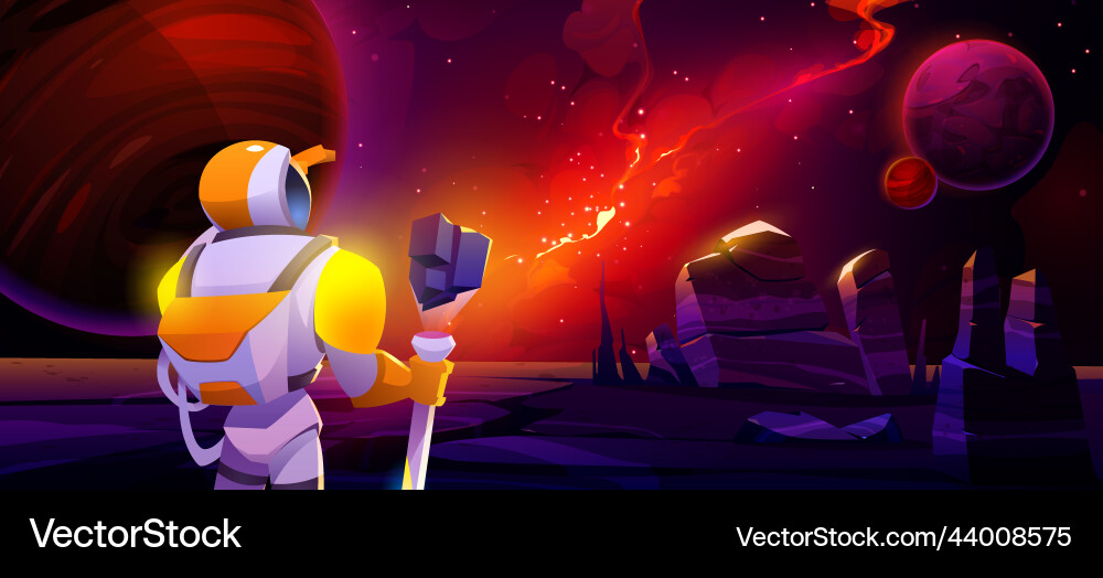 Astronaut on alien planet in far galaxy space Vector Image