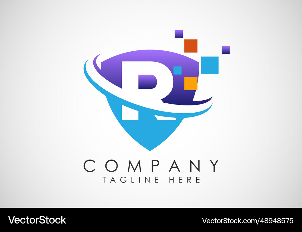 English alphabet r with shield swoosh and data Vector Image