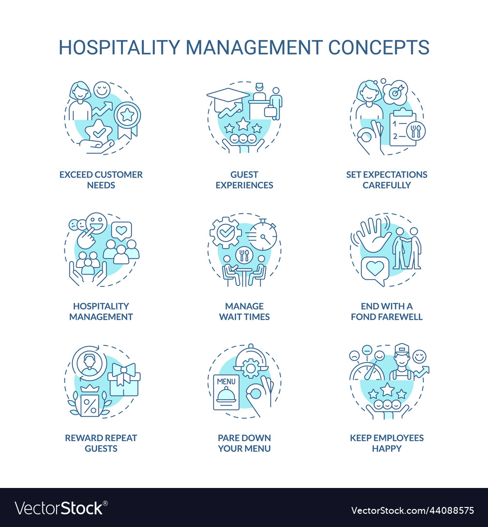 Hospitality management turquoise concept icons set