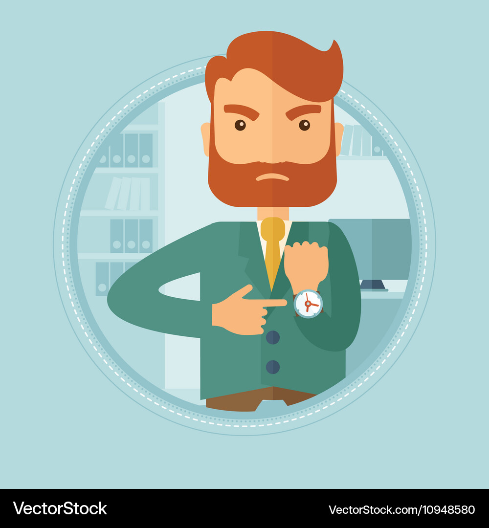Angry boss pointing at wrist watch Royalty Free Vector Image