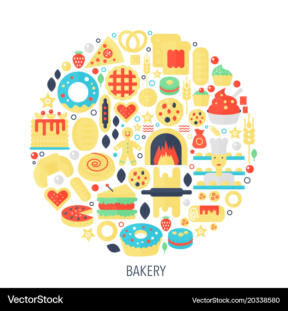 Bakery pastry flat infographics icons in circle Vector Image