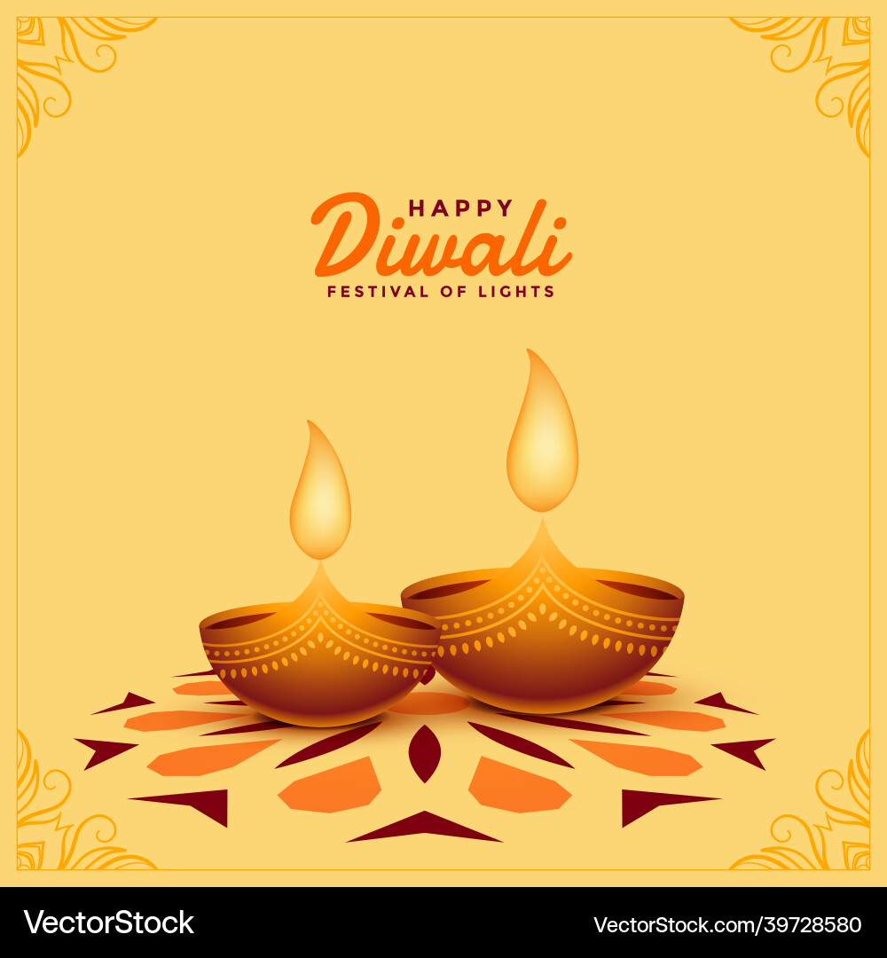 Happy diwali decorative card with two diya Vector Image
