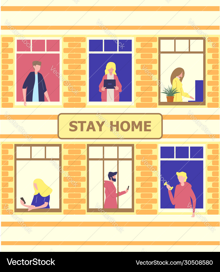 Stay home concept house facade with windows Vector Image