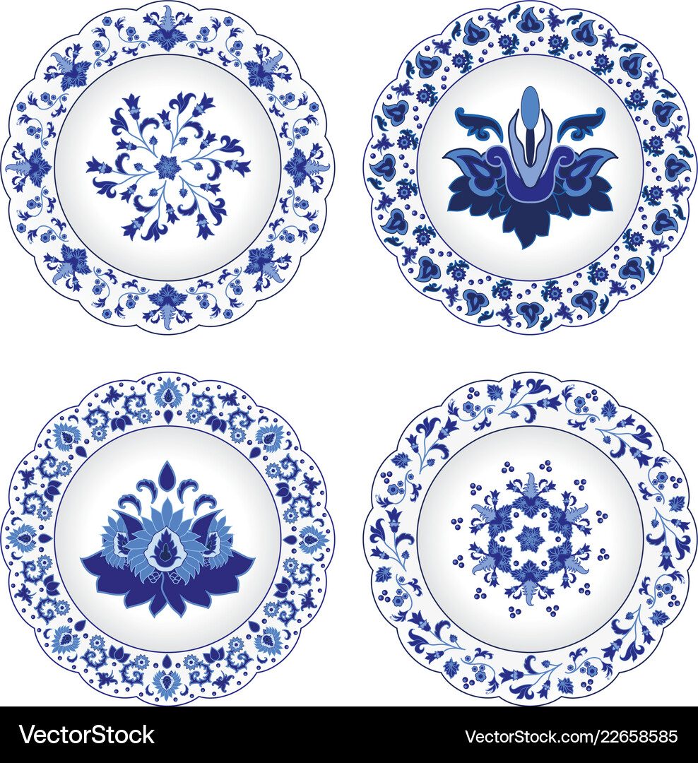 Set decorative porcelain plates ornate in Vector Image