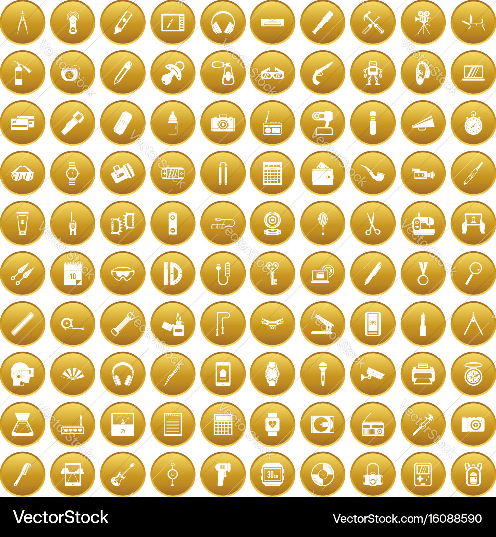 100 portable icons set gold Royalty Free Vector Image