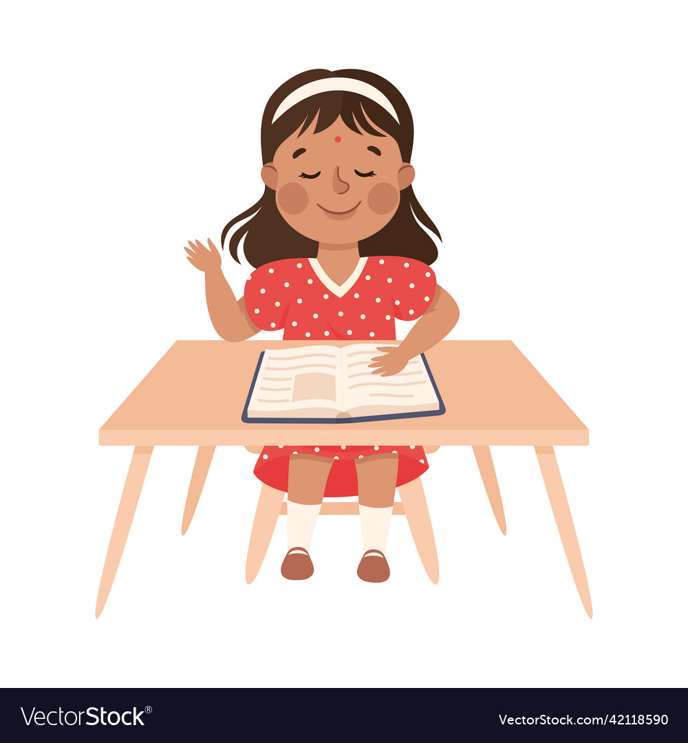 Little indian girl pupil sitting at table Vector Image