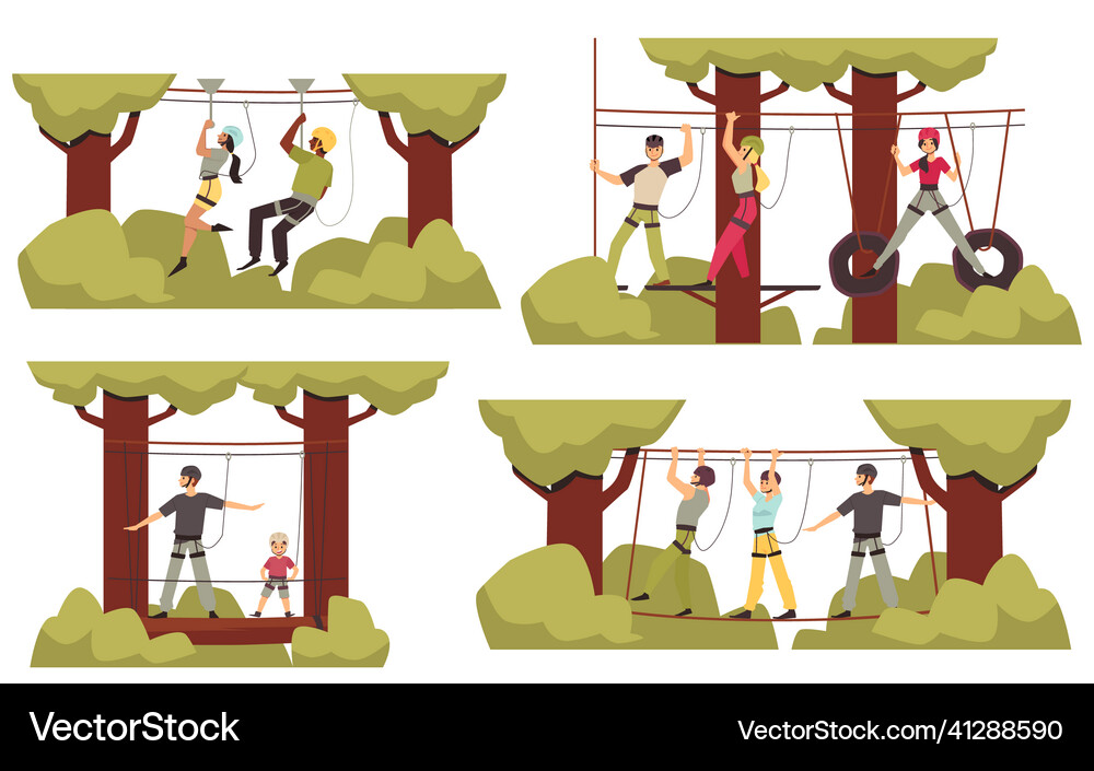 Rope park attractions scenes banners set flat – Royalty-Free Vector ...