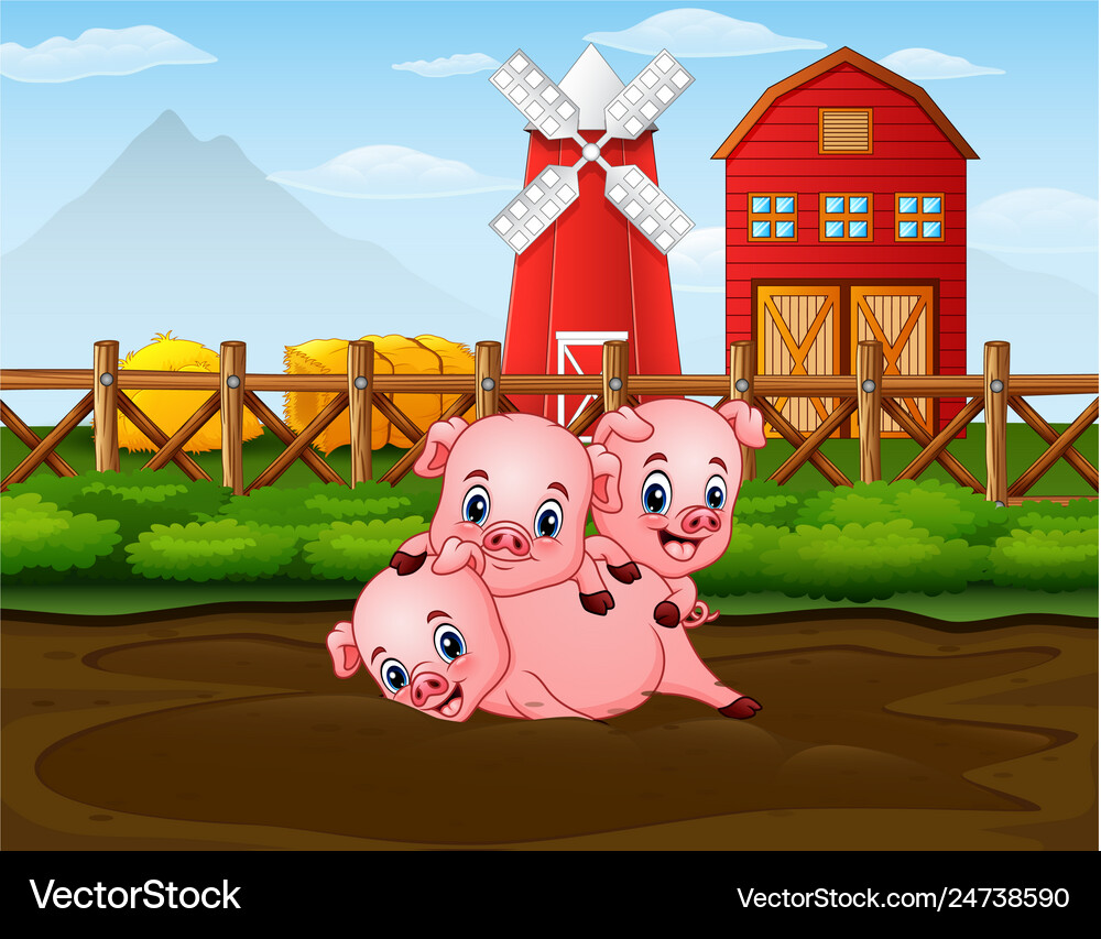Three pigs playing at farm with red barnhouse Vector Image