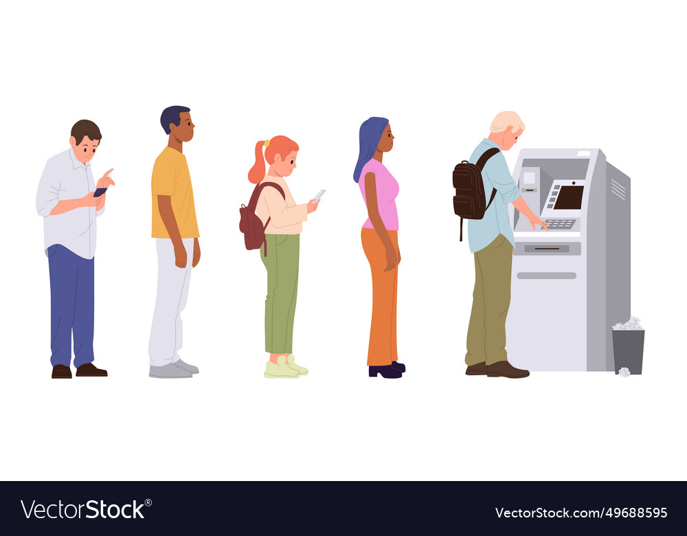 Diverse people standing in queue at atm Royalty Free Vector