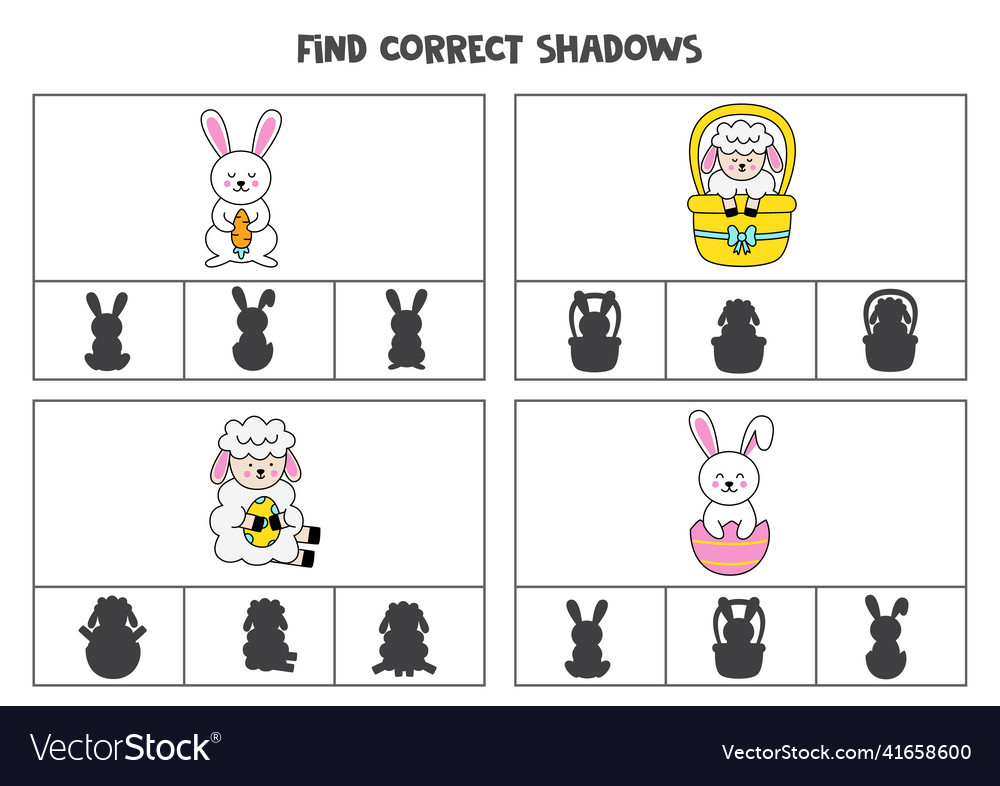 Find correct shadow of easter rabbits and lambs Vector Image