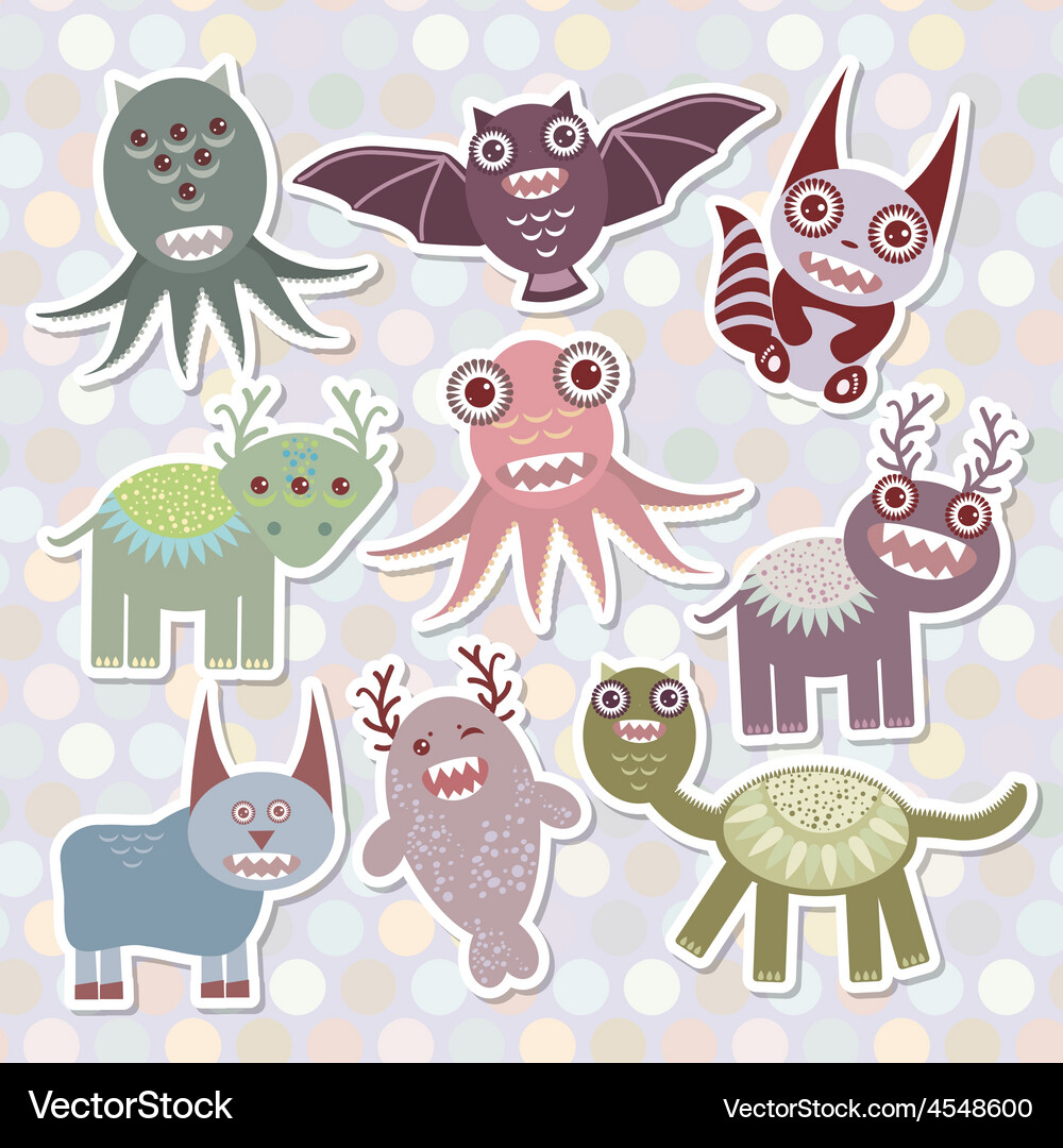 Sticker set funny monsters collection on polka dot