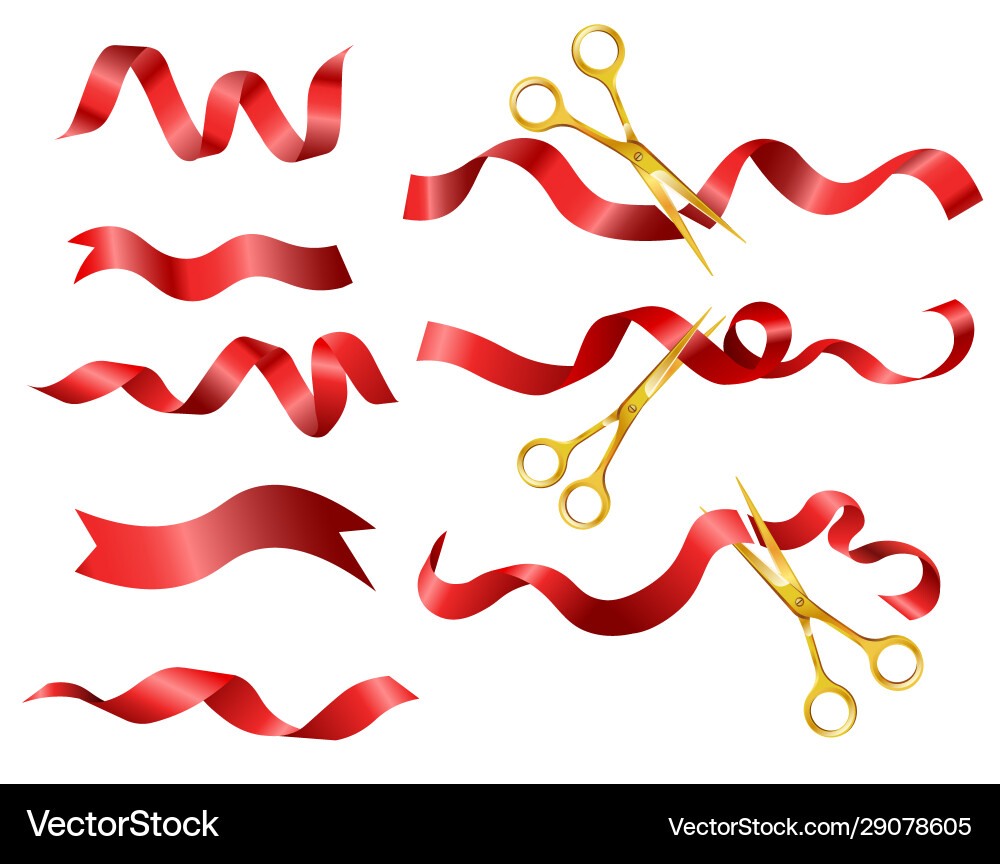Gold scissors cutting red ribbons for opening Vector Image
