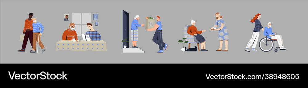Set scenes with volunteers taking care Royalty Free Vector