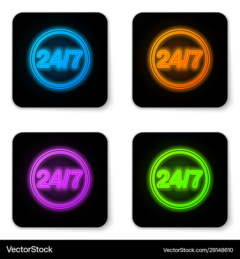 Glowing neon clock 24 hours icon isolated on white