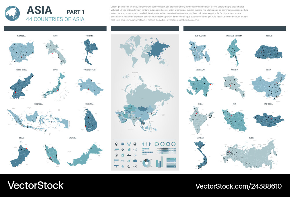 Maps set high detailed 44 maps asian countries Vector Image