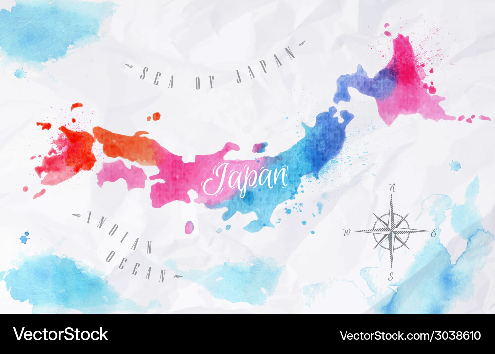 Watercolor map Japan pink blue Royalty Free Vector Image
