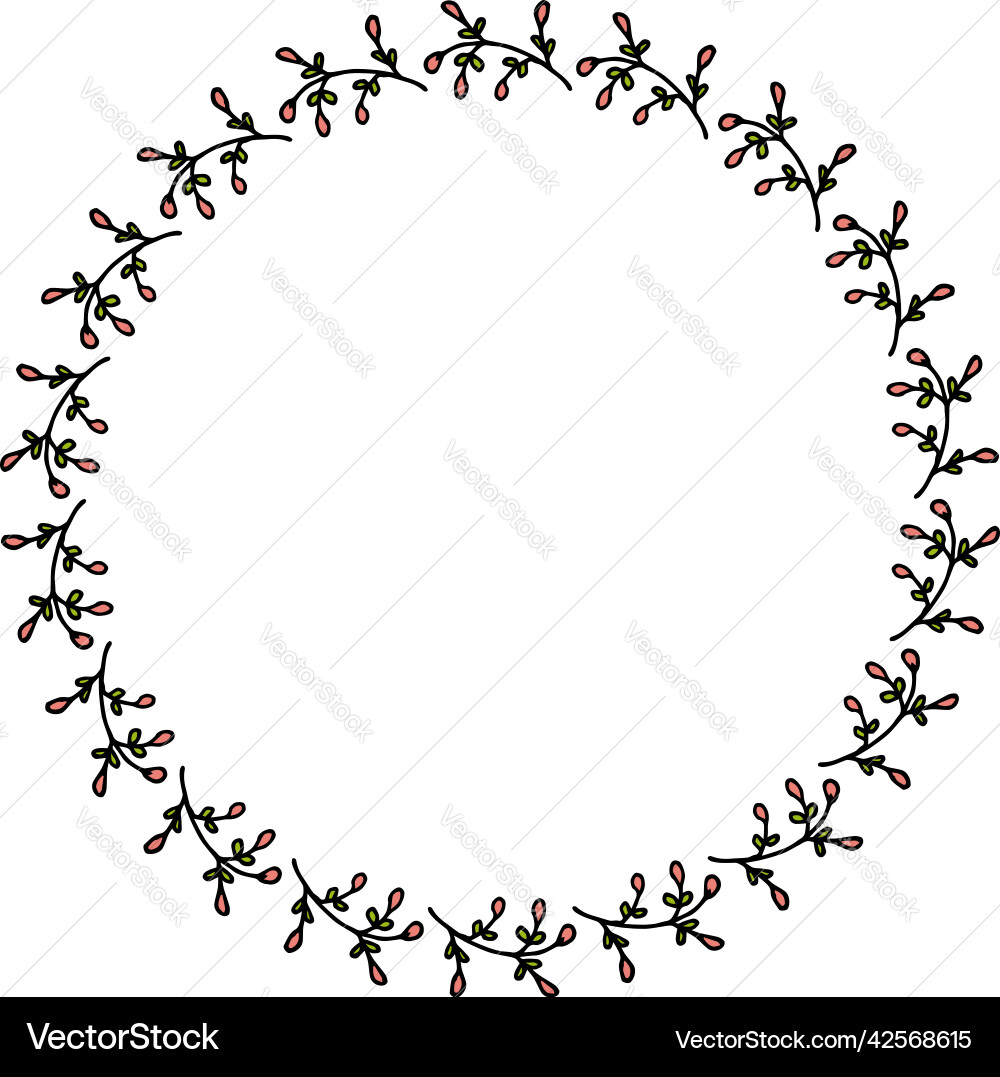 Round frame with simple pink and green branches Vector Image