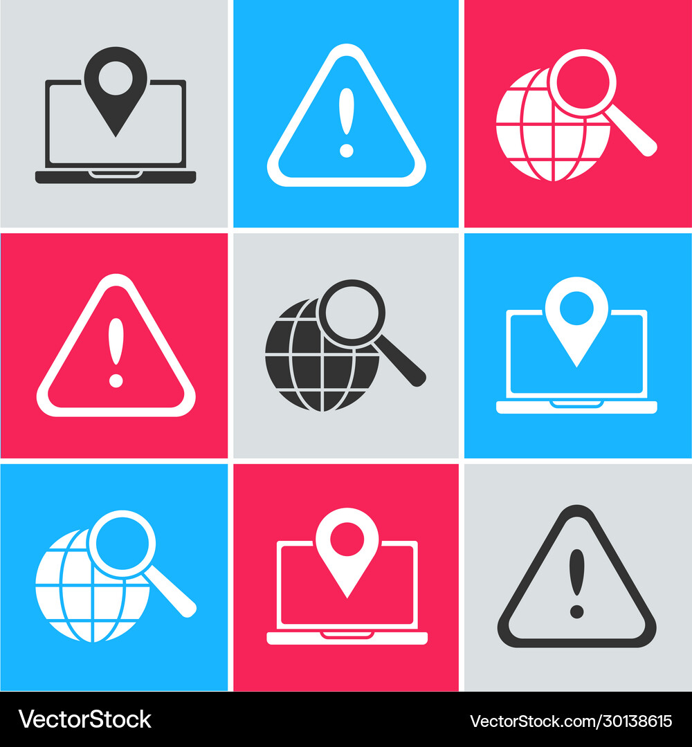 Set laptop with location marker exclamation mark Vector Image
