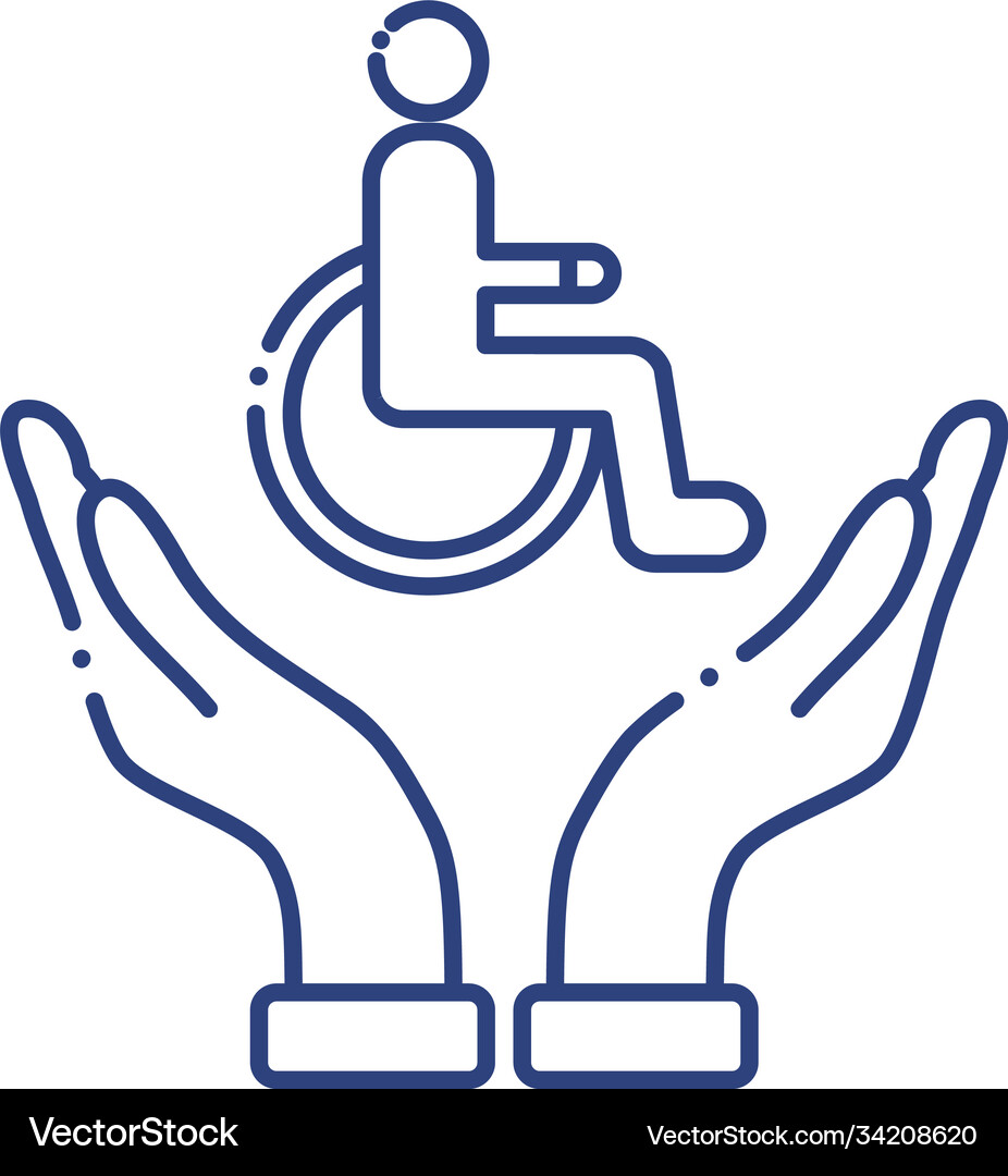 Hands protecting wheelchair disabled line style Vector Image