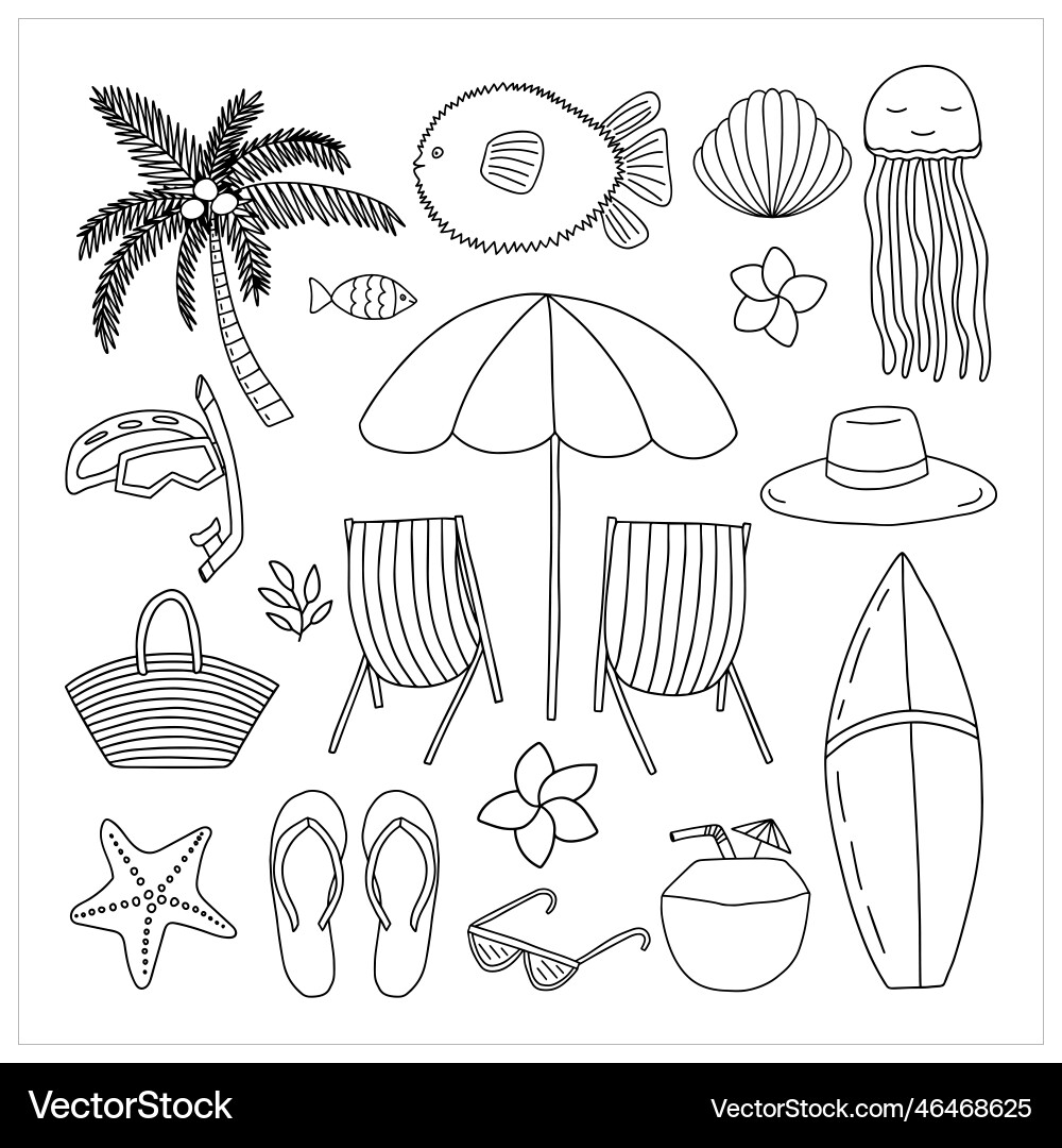 Doodle summer beach elements set Royalty Free Vector Image