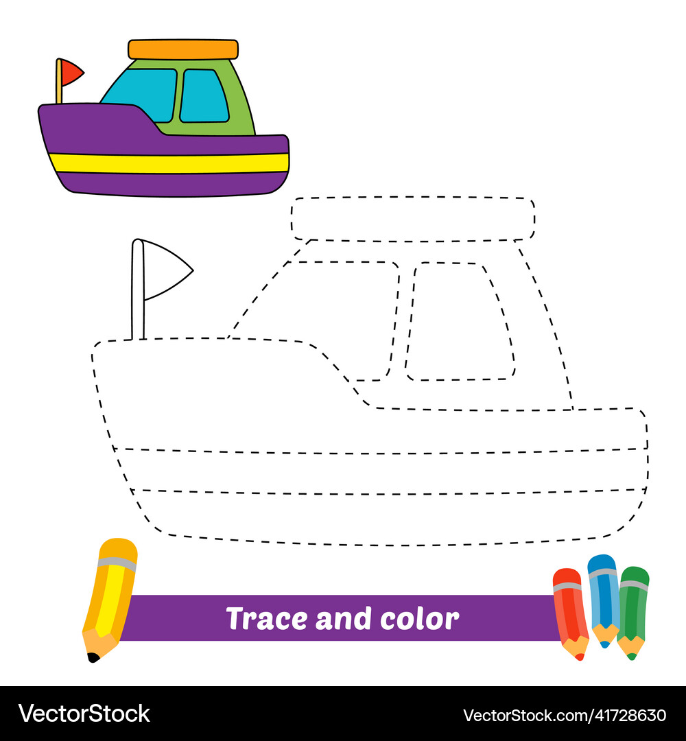 Trace and color for kids boat Royalty Free Vector Image