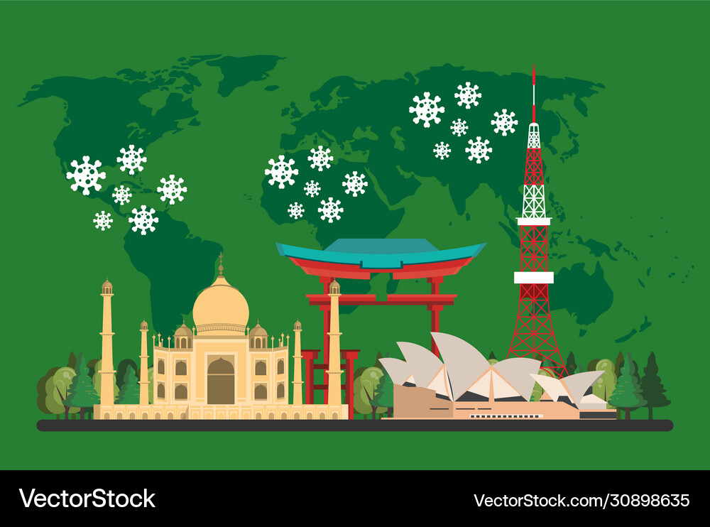 Covid19 pandemic particles with countries Vector Image