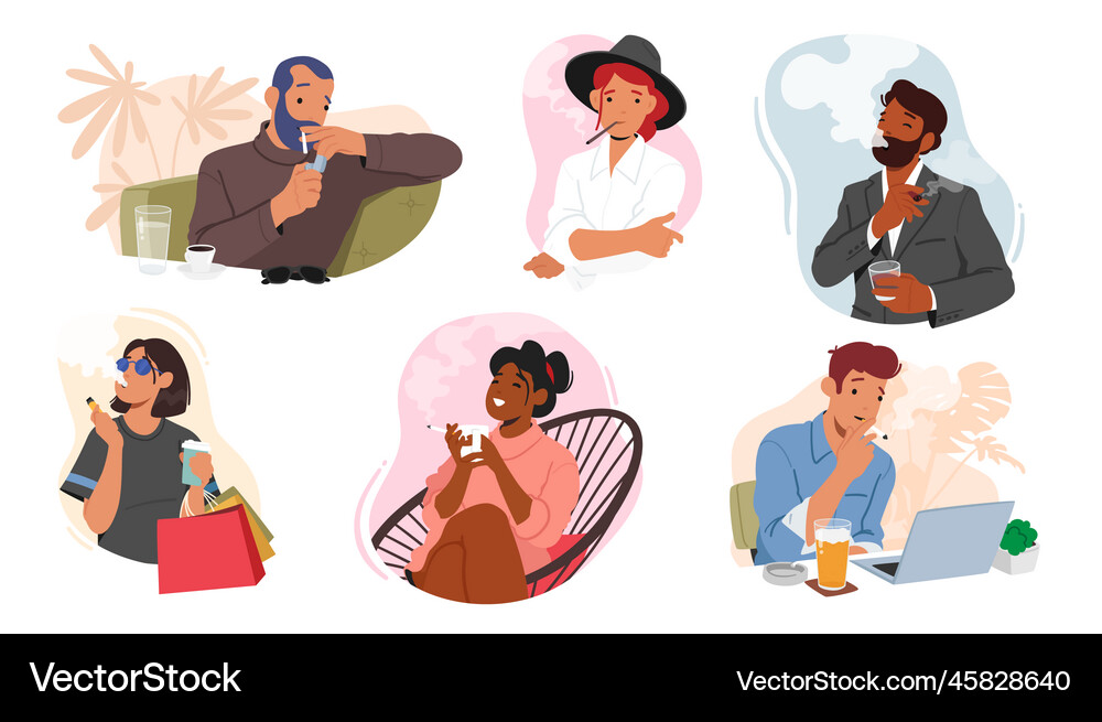 Set people smoking cigarettes inhaling smoke Vector Image