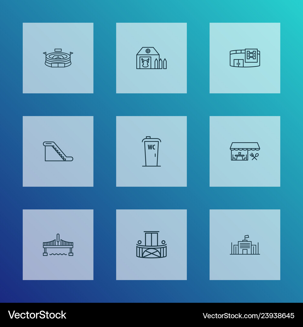 Public skyline icons line style set Royalty Free Vector