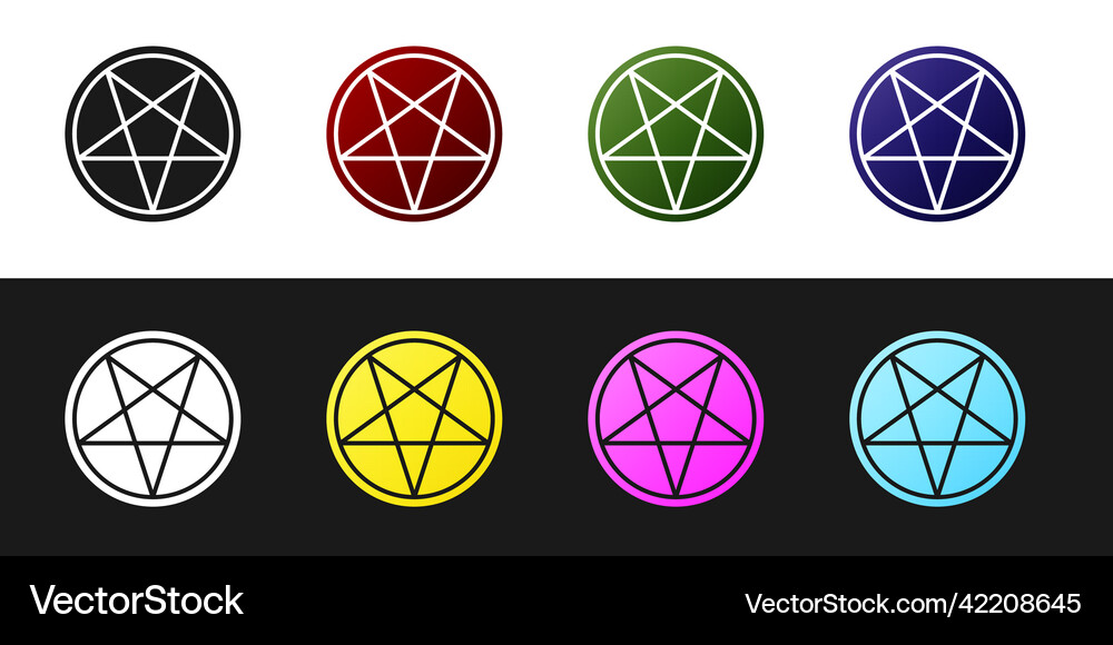 Set pentagram in a circle icon isolated on black Vector Image