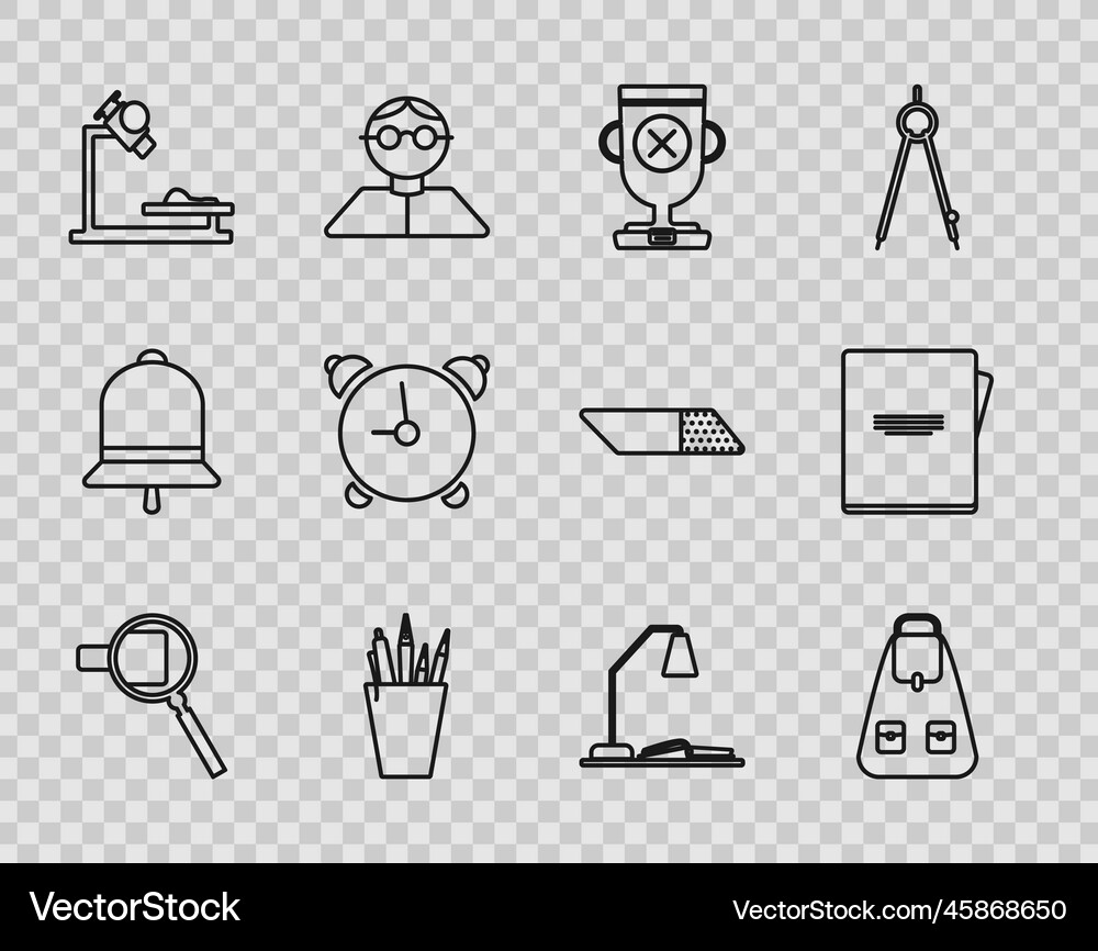 Set line magnifying glass school backpack award Vector Image