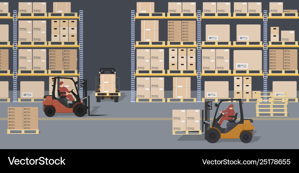 Warehouse scene storehouse and forklifts Vector Image