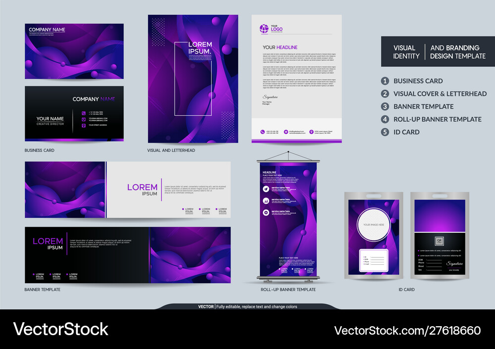 Modern purple stationery mock up set and visual Vector Image
