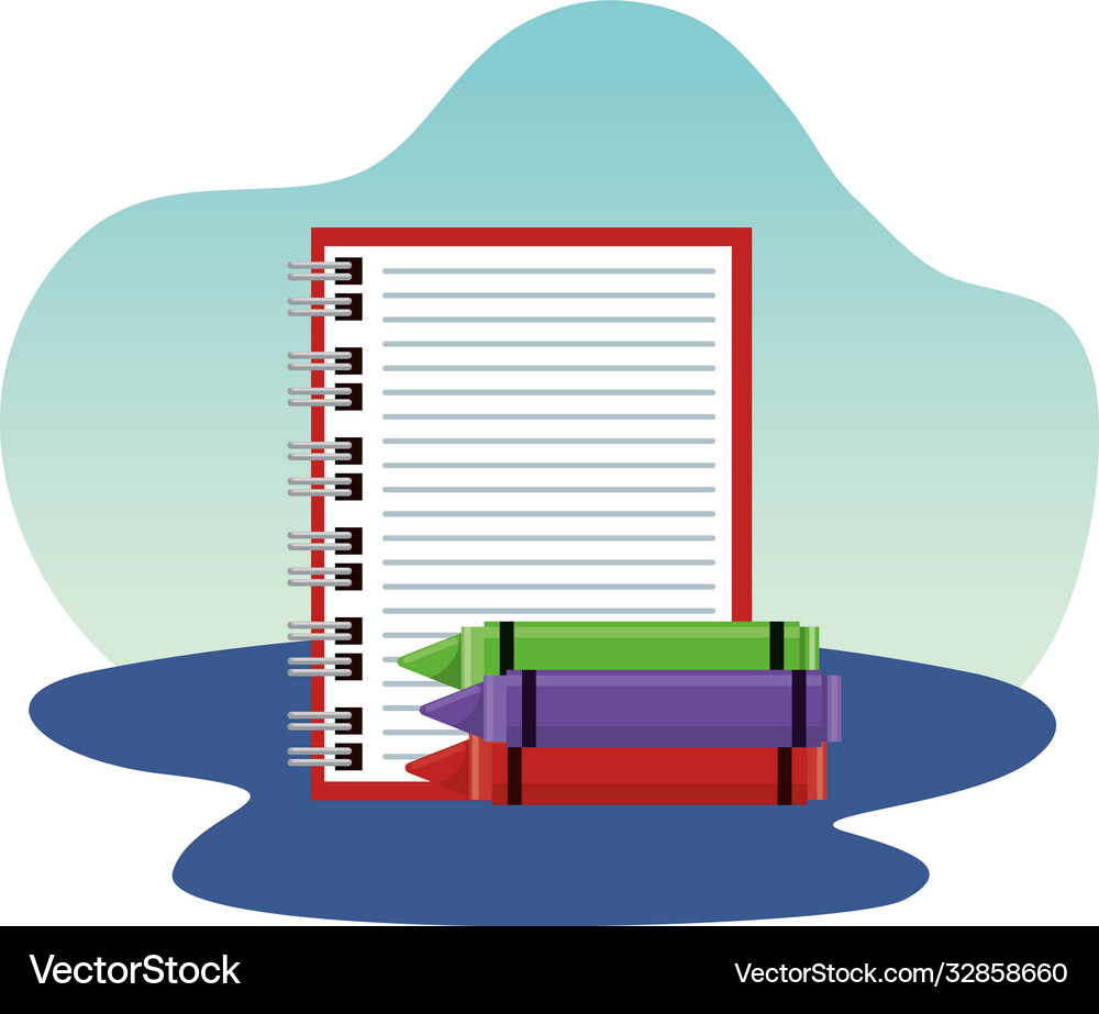 Notebook and colors crayons school supply isolated