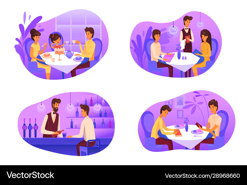 People eating at restaurant set Royalty Free Vector Image