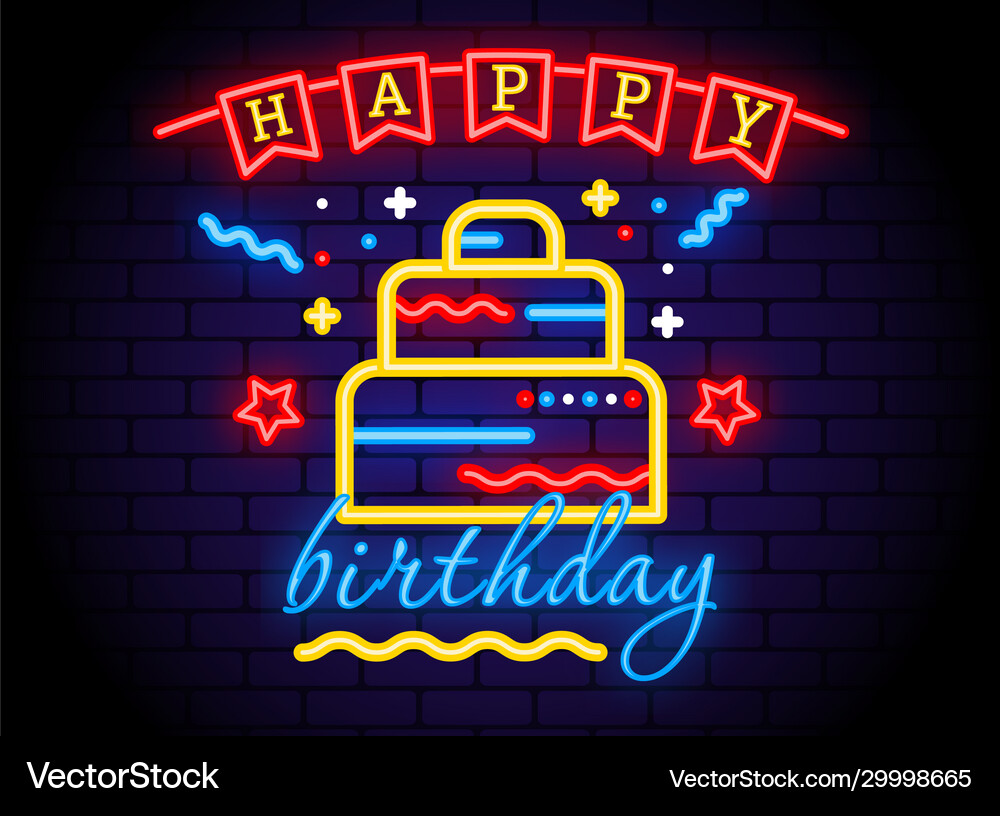 Birthday cake neon light sign concept Royalty Free Vector