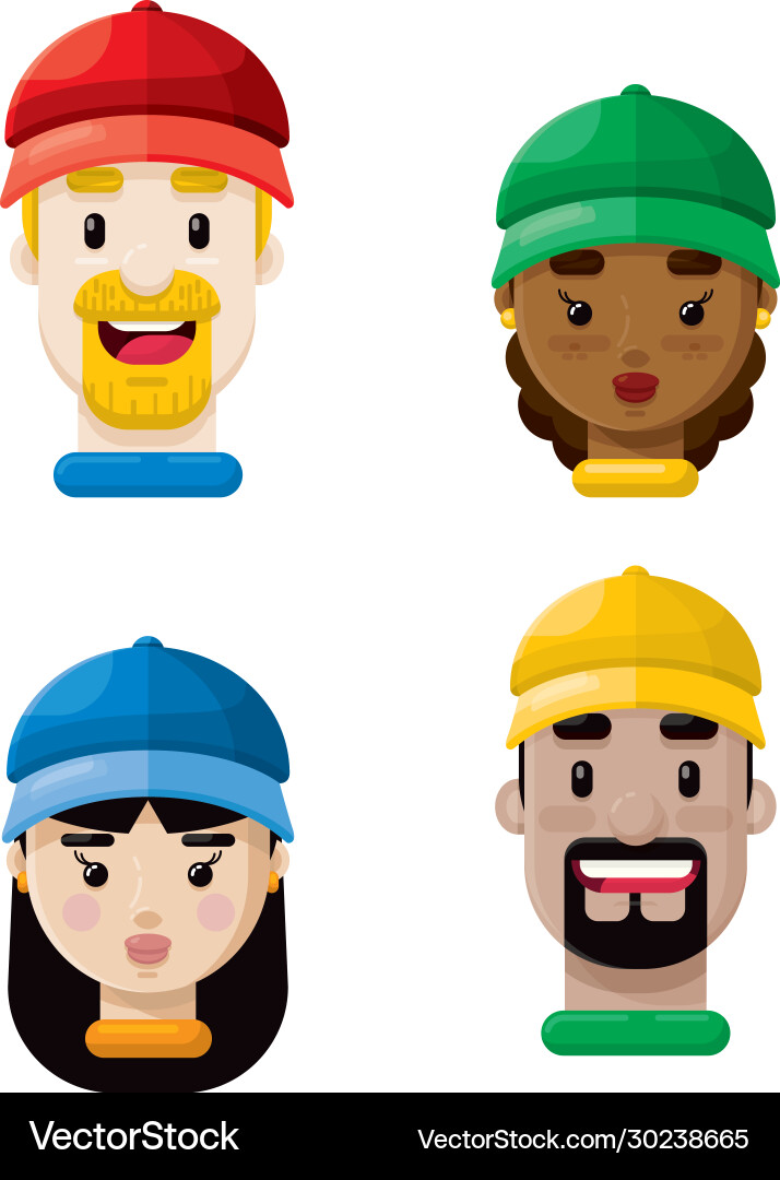 People wearing ball caps flat icon set Royalty Free Vector